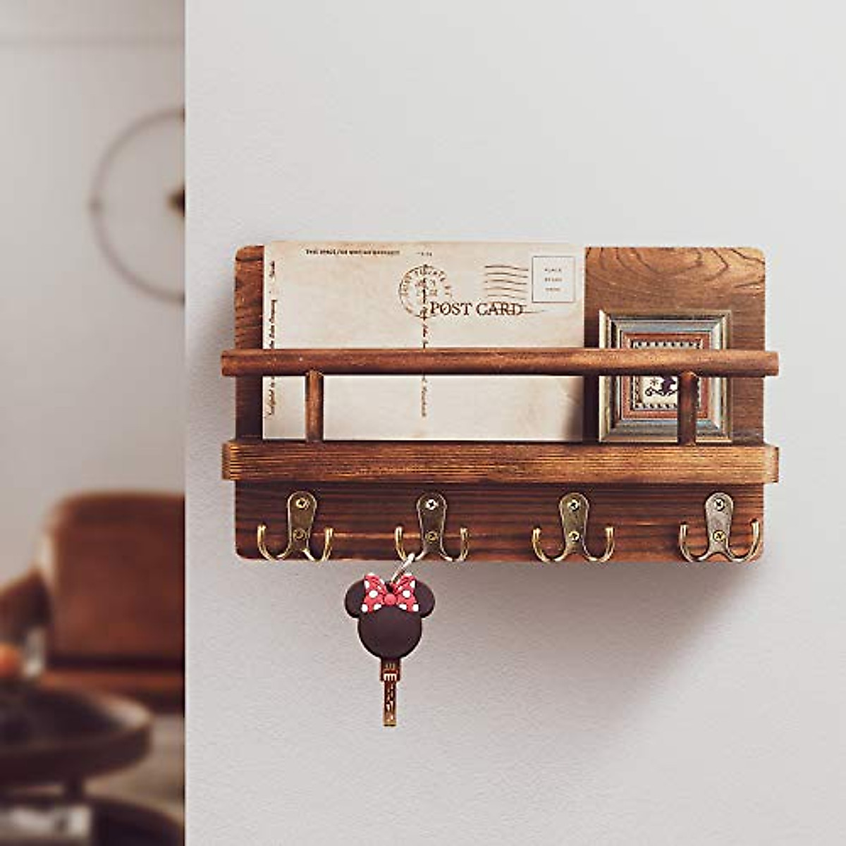 Key Holder for Wall Wooden Mail Holder for Wall Rustic Key Hanger for Wall Key Rack with 4 Double Key Hooks and A Floating Shelf Home Decor Mail Organizer Wall Mount for Entryway - All Solid Pine Wood