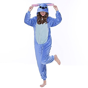 Canday Stitch Jumpsuits Cartoon Unisex Pajamas Onesies Adult Soft Cosplay Halloween Sleepwear Teens Costume (Blue, Medium)