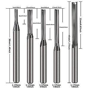 HOZLY 1/8 Inch Straight Router Bits Set (CED 1.0mm 1.5mm 2.0mm 2.5mm 3.175mm )Milling Cutter 2 Flutes Double Edged CNC Cutting Tungsten Steel for Wood MDF Acrylic Milling