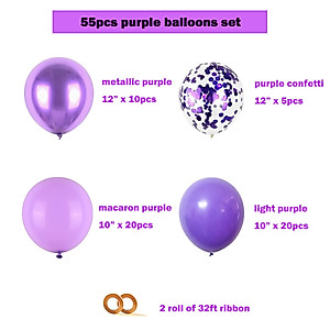 55pcs Metallic Purple Premium Latex Lavender Lilac Balloons 12 inches and Purple Confetti Balloons with Ribbons Set for Birthday Bridal Shower Wedding Party Decorations