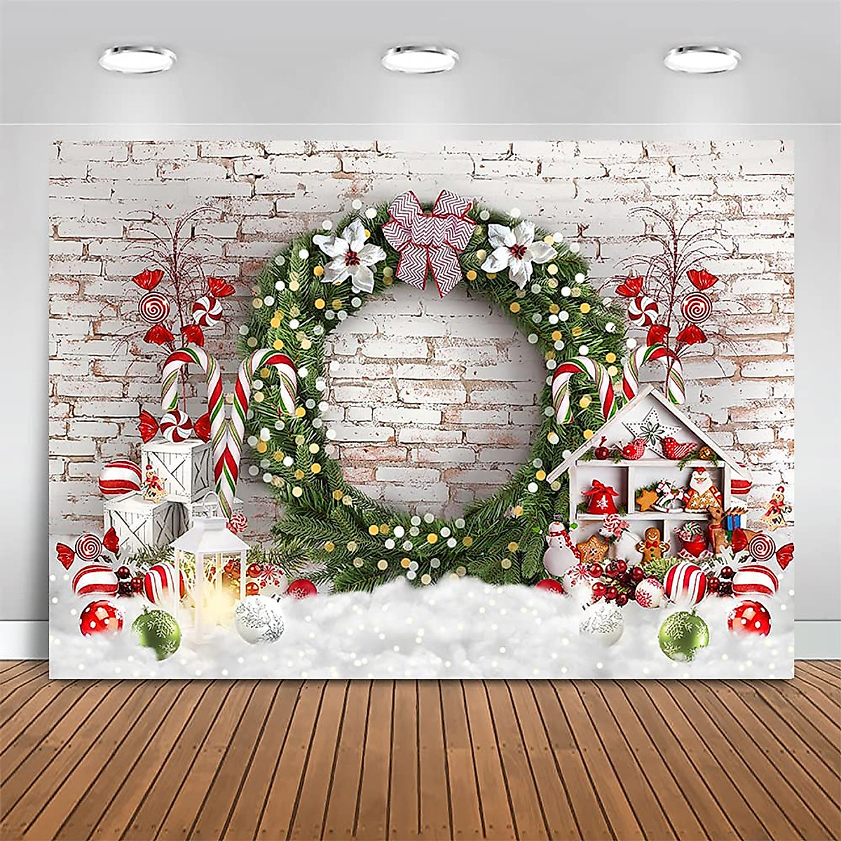 Mocsicka Christmas Photography Backdrop Xmas Candyland White Brick Wall Background Christmas Candy Canes Xmas Wreath Background for Kids Photo Booth Props (7x5ft (82x60 inch))