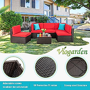 Vongrasig 6 Piece Small Patio Furniture Sets, Outdoor Sectional Sofa All Weather PE Wicker Patio Sofa Couch Garden Backyard Conversation Set with Glass Table,Red Cushions and Blue Pillows (Red)