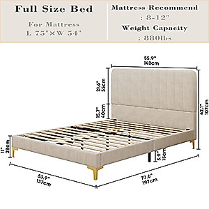 LIKIMIO Full Size Bed Frame, Platform Bed Full with Upholstered Headboard and Strong Metal/Wood Supports, Easy Assembly, Noise-Free, No Box Spring Needed, Beige