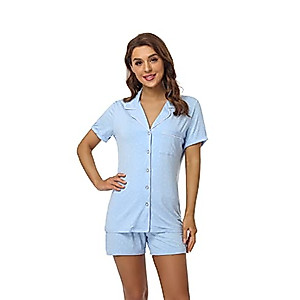 COLORFULLEAF Womens Pajamas Set Summer Short Sleeve Sleepwear Button Down Nightwear Shorts Soft Pj Sets(Blue/White Dots, 3XL)