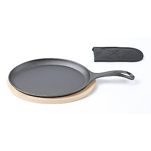 HAWOK Cast Iron Fajita Plate Sizzler Pan Set with Wooden Tray and Handle Holder, Pre-seasoned Cast Iron Skillet with Wooden Base and Handle Cover