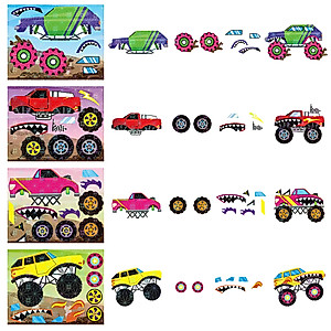 Haooryx 45 Sheet Make Your Own Monster Truck Stickers Truck Make-a-Face Holographic Sticker Car DIY Shiny Stickers Games for Kid Fun Craft Project Monster Truck Themed Birthday Party School Supplies