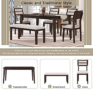 Goozio Piece, Wood Dining 4 Upholstered Chairs and Bench with Cushion, Classic Traditional Style Kitchen Table Set for 6 Person,Espresso