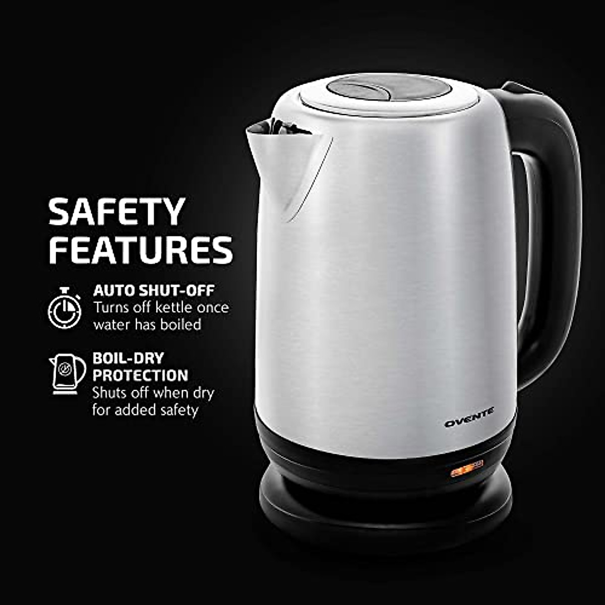 Ovente Electric Tea Kettle Stainless Steel 1.7 Liter Portable Instant Hot Water Boiler Heater 1100W Power Fast Boiling with Cordless Body and Automatic Shut Off for Coffee Milk Chocolate Silver KS27S