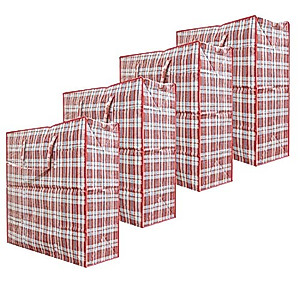 Set of 6 Jumbo Plastic Checkered Storage Laundry Shopping Bags W. Zipper & Handles Size 27" H X 25" L x 8.5" W Inch Assorted Color