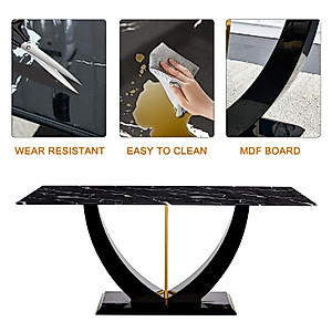 JUFU 71" Modern Dining Room Table Set for 6, Black Marble Faux Kichen Table Set with U-Shaped Base，Luxurious Rectangular Diner Table ANG Leather Dining Chairs with Golden Legs