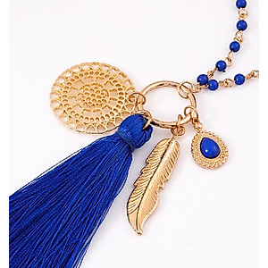 Long Necklaces Bohemia Tassel Leaf Teardrop Disk Circle Pendant necklace For Women Y Shaped Necklace Sets (Royal blue)