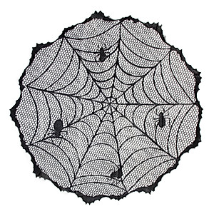 Dohia Halloween Decorations Tablecloth Table Runner Black Lace Round Spider Cobweb Table Mantel Scarf Spiderweb Fireplace Scarf Spider Lampshade for Halloween Party D2-ZZWZB(Black-Table Topper)