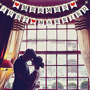 Mr and Mrs Just Married Banner, Wedding Bunting Banner with LED Fairy String Light 8 Flicker Mode, Hanging Sign Garland Pennant Photo Booth Props for Bridal Shower Wedding Engagement Car Party