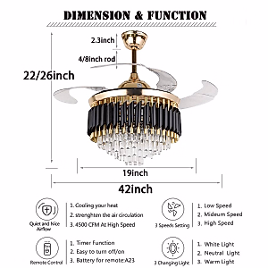 Fandian 42" Crystal Ceiling Fan with Light Remote Control Chandelier Retractable Fandelier, Luxury 3 Color Lighting for Dining Room, Living Room