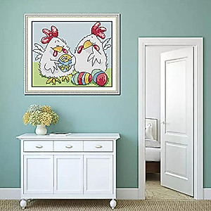 Cross Stitch Kits Stamped, OWN4B Easter Egg Chicken Printed Pattern 11CT 9.8x8.3 inch DIY Embroidery Kit (Chicken)