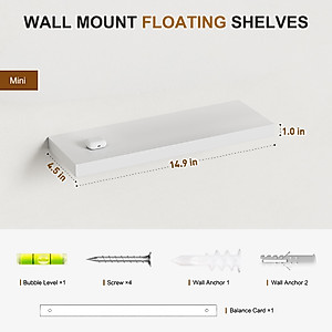 Bellsal Floating Shelves, White Engineered Wood Wall Shelf Set of 2, 15" Wall Mounted Floating Shelf, Hanging Wooden Shelf Invisible with Brackets for Bedroom, Kitchen, Living Room, Bathroom Decor