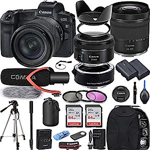 Camera Bundle for Canon EOS R Mirrorless Camera with RF 24-105mm f/4-7.1 is STM, EF 50mm f/1.8 STM Lens + Mount Adapter EF-EOS R, Extra Battery, Pro Microphone + Accessories Kit (Renewed)