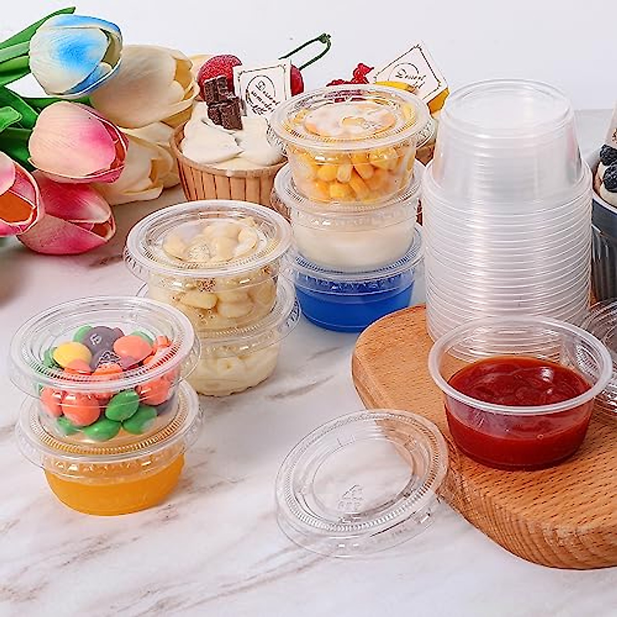 Blcculi Jello Shot Cups with Lids 2 oz,200 Sets Plastic Portion Cups with Lids,Disposable Souffle Cups Jello Cups,Clear Condiment Containers with Lids,2 oz Plastic Containers With Lids