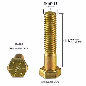 5/16"-18 X 1-1/2 Inch Bolts Hex Head Cap Screw, Grade 8, Partial-Thread, COARSE, Yellow-Zinc (10 Pack)