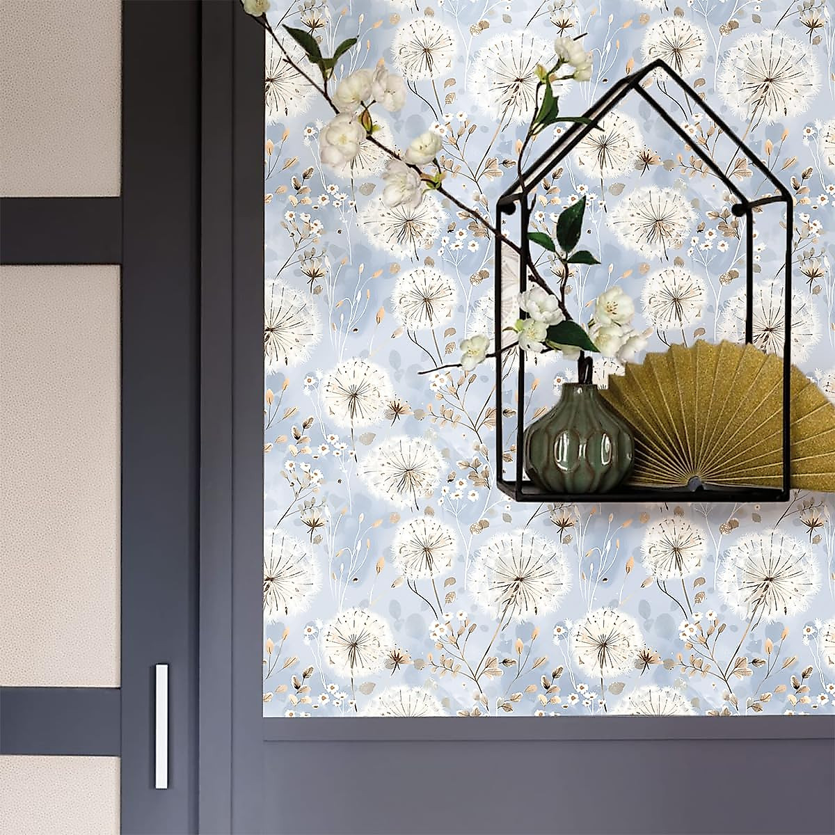 Nukofal Floral Peel and Stick Wallpaper Dandelion Floral Wallpaper Peel and Stick 15.7 inch x 118.1 inch Flower Wallpaper Blue/Gray/White Self Adhesive Removable Contact Paper for Cabinets Decor