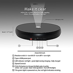 ELEGICKLIP 9.8" 44 Lb Load Rotating Display Stand with Multicolor Led Light for Cup Crystal Glass Spherical Jewelry Display Electric & Battery-Operated Platform (Black)