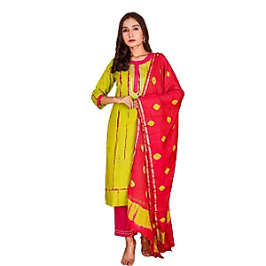 SHRI SHAYAM Women's Cotton Lining Straight Kurti With Pant And Dupatta Set (Lamon-Green-XXL)