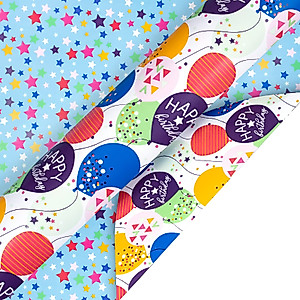 LeZakaa Reversible Birthday Wrapping Paper Jumbo Roll - Colorful Balloon & Stars - 24 inches x 100 Feet (200 sq.ft.)