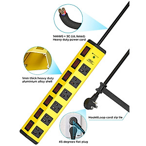 Power Strip with Individual Switches and Flat Plug, CRST 6-Outlet Metal Heavy Power Strip Duty Surge Protector (1200 Joules), 6-Feet 14AWG Cord with Hook and Loop Fastener, 15A Circuit Breaker