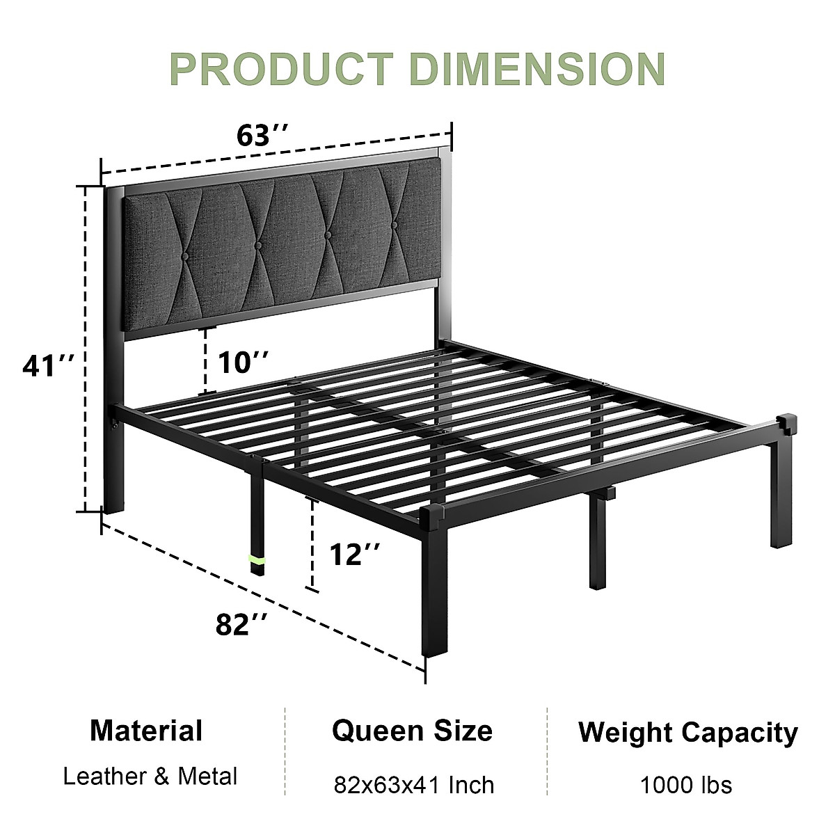 Feonase Queen Size Metal Bed Frame with Fabric Button Tufted Headboard, Platform Bed Frame with Heavy Duty Metal Slats, 12" Storage Space, Noise Free, No Box Spring Needed, Dark Grey