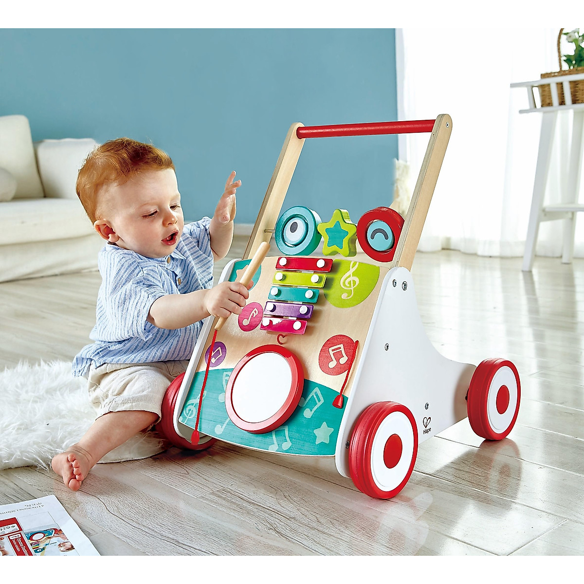 Hape Wooden Push and Pull Music Learning Walker| Multiple Activities Center for Toddlers Ages 10 Months and Up