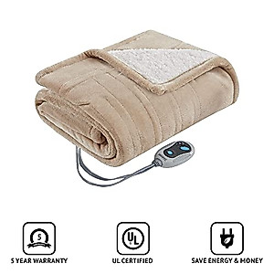 Beautyrest Reversible Sherpa to Fleece Electric Wrap Poncho Blanket Shawl Wearable, Auto Shut Off, Virtually Zero EMF, Multi Heat Setting, UL Certified, Machine Washable, Tan 50" x 64"