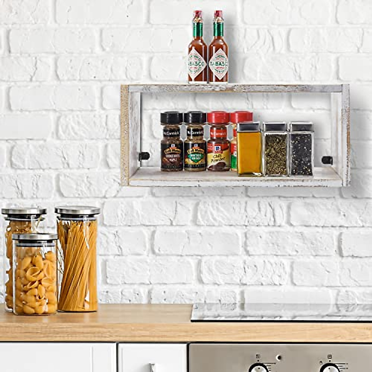 MyGift Whitewashed Solid Wood Wall Mounted Floating Shadow Box Style Kitchen Shelf, Rectangular Wooden Display Shelves and Spice Storage Rack