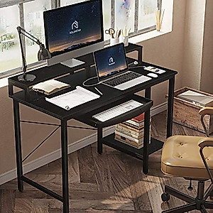Rolanstar Computer Desk with Power Outlet and Monitor Stand Shelf, 47” Home Office PC Desk with Keyboard Tray and USB Ports Charging Station, Desktop Table, Stable Metal Frame Workstation, Black