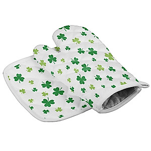 St. Patrick's Day Set of Oven Mitt and Pot Holder Shamrock Leaf Kitchen Mittens Non-Slip Heat Resistant Green Clover Cooking Gloves for Kitchen Cooking BBQ Baking Grilling 12+8