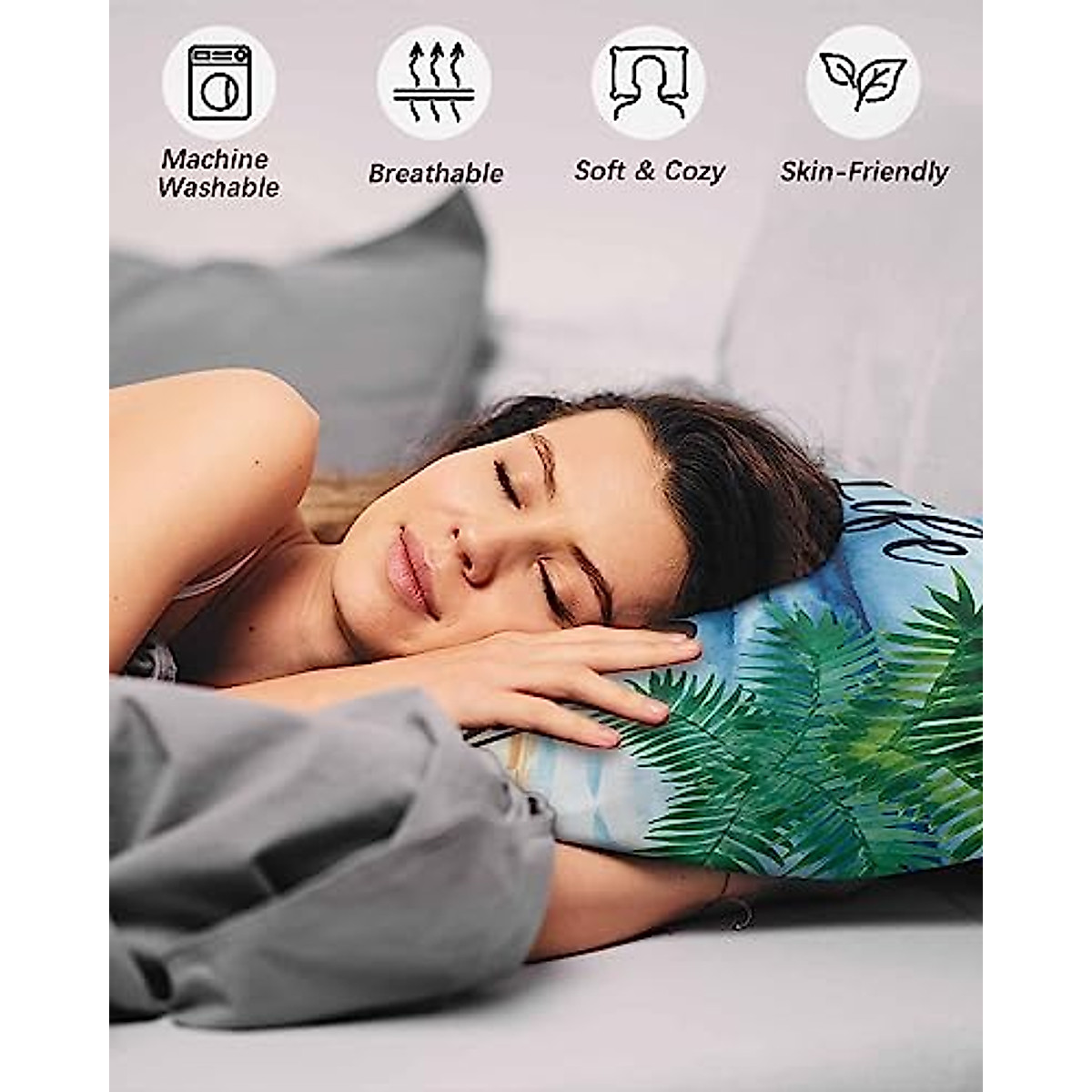 Life is Better at The Beach Pillow Covers Standard Size Set of 2 Bed Pillow, Summer Blue Ocean Tropical Plants Plush Soft Comfort for Hair/ Skin Cooling Pillowcases with Envelop Closure 20''x26''