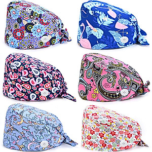 SATINIOR 6 Pieces Adjustable Turban Caps with Button and Sweatband Bouffant Printed Covering Hat for Women Men