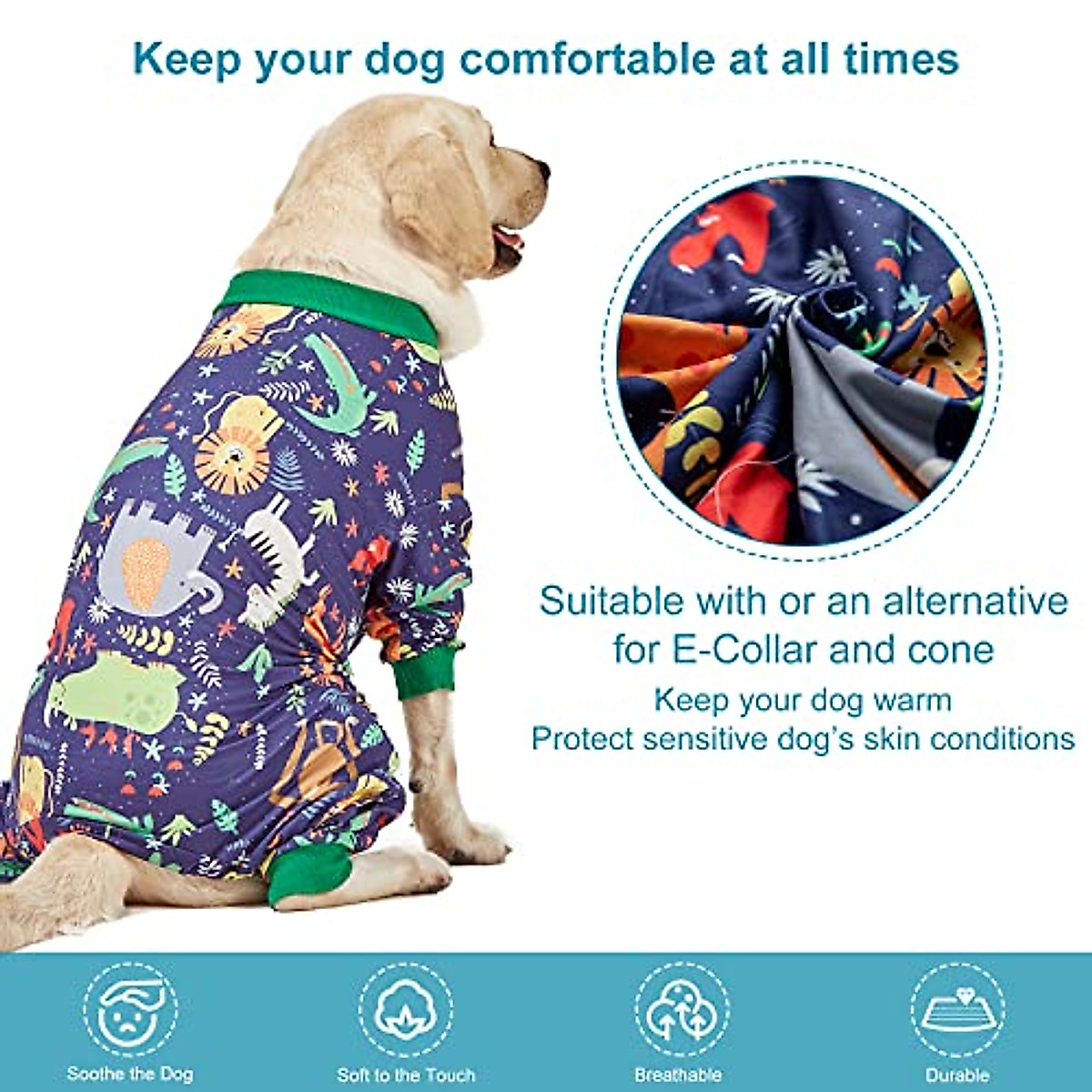 LovinPet Giant Dog Outfits, Anti Licking, Dog Wound Care/Surgery Recovery Clothes, Lightweight Stretch Jersey Knit, Animal Kingdom Blue Print, Large Breed Dog Clothes, Pet PJ's /3XL