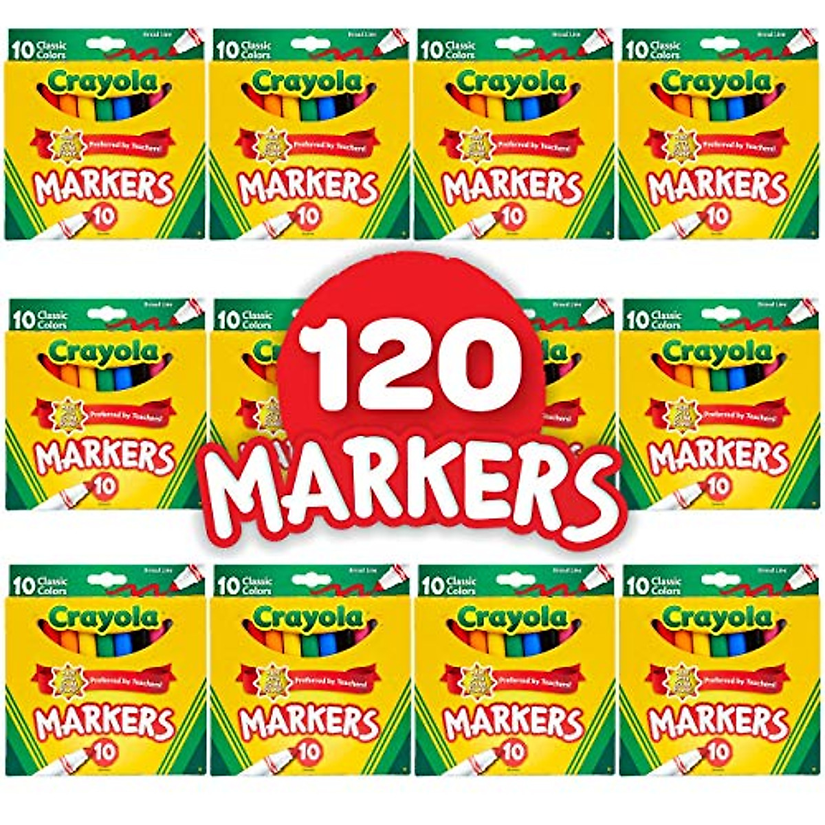 Crayola Broad Line Markers Bulk, 12 Marker Packs with 10 Colors, School Supplies, Gift for Kids