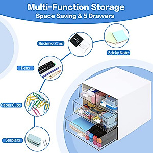 LETURE Desk Organizer with 5 Drawers, Rectangular Office Stationery Supplies Desktop Drawers, Plastic Makeup Storage, Suitable for Office, School, Home (White & 5 Drawers)