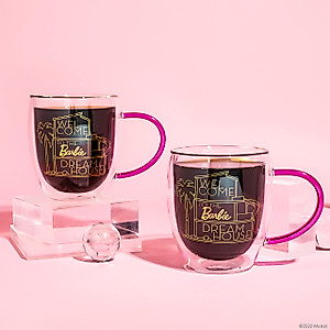 Dragon Glassware x Barbie Glass Coffee Mugs, Barbie Dreamhouse Collection, Clear Double Wall Insulated Cups with Pink Handle, Keeps Beverages Hot or Cold Longer, 16 oz Capacity, Set of 2