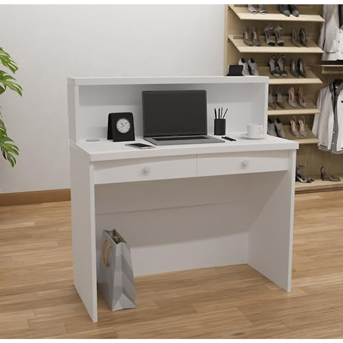 UGOS Mono 40" Modern Reception Desk w/Transaction Counter | Laminate Desktop | Multifunctional Standing Front Desk for Home, Office, Salon, Spas, and Lobby (White)