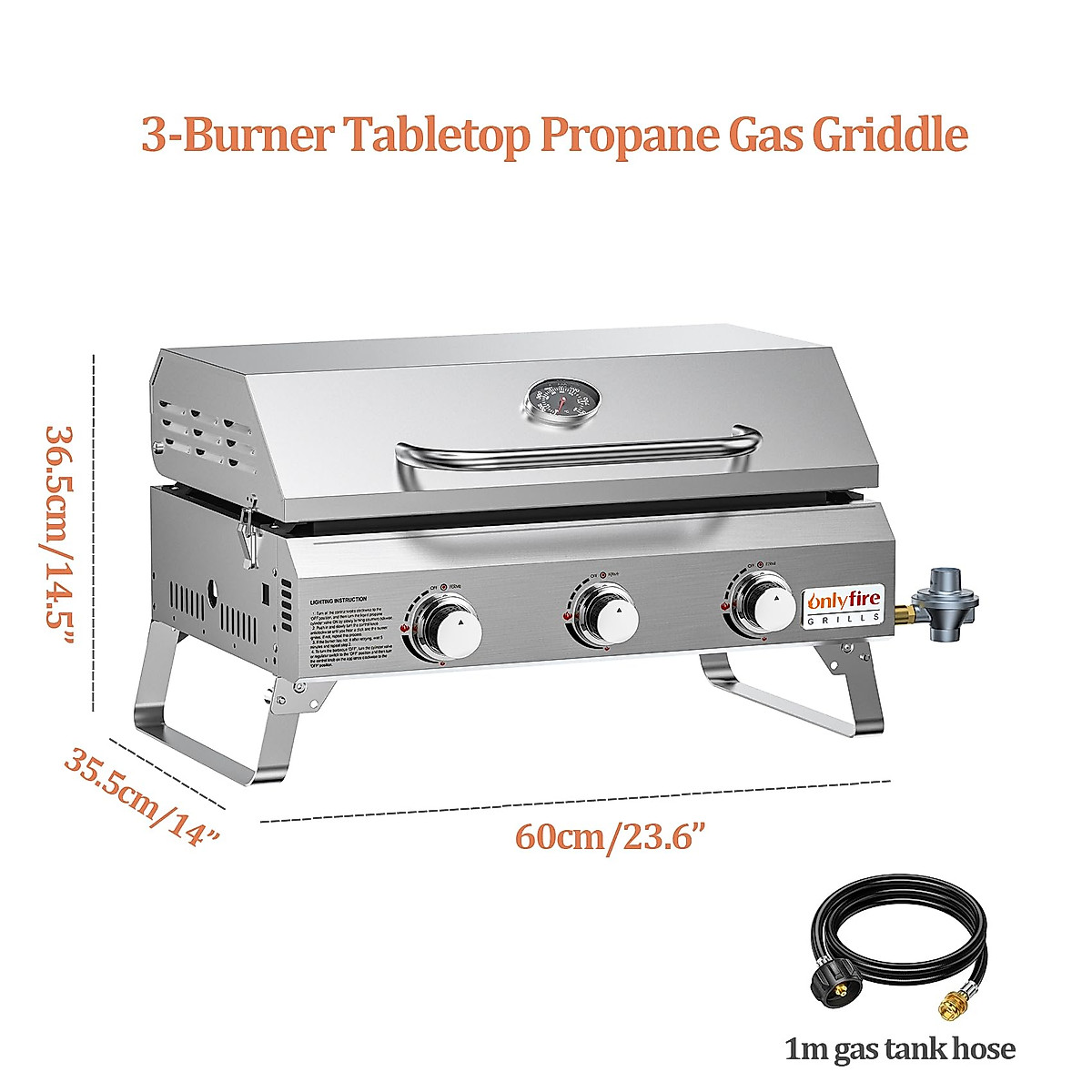 Onlyfire Flat Top Gas Griddle with Foldable Legs, 3-Burner Stainless Steel Propane Gas Grill Griddle, 24” Portable Tabletop Griddle for Outdoor Cooking Camping Tailgating RV, 24000 BTU, GS309
