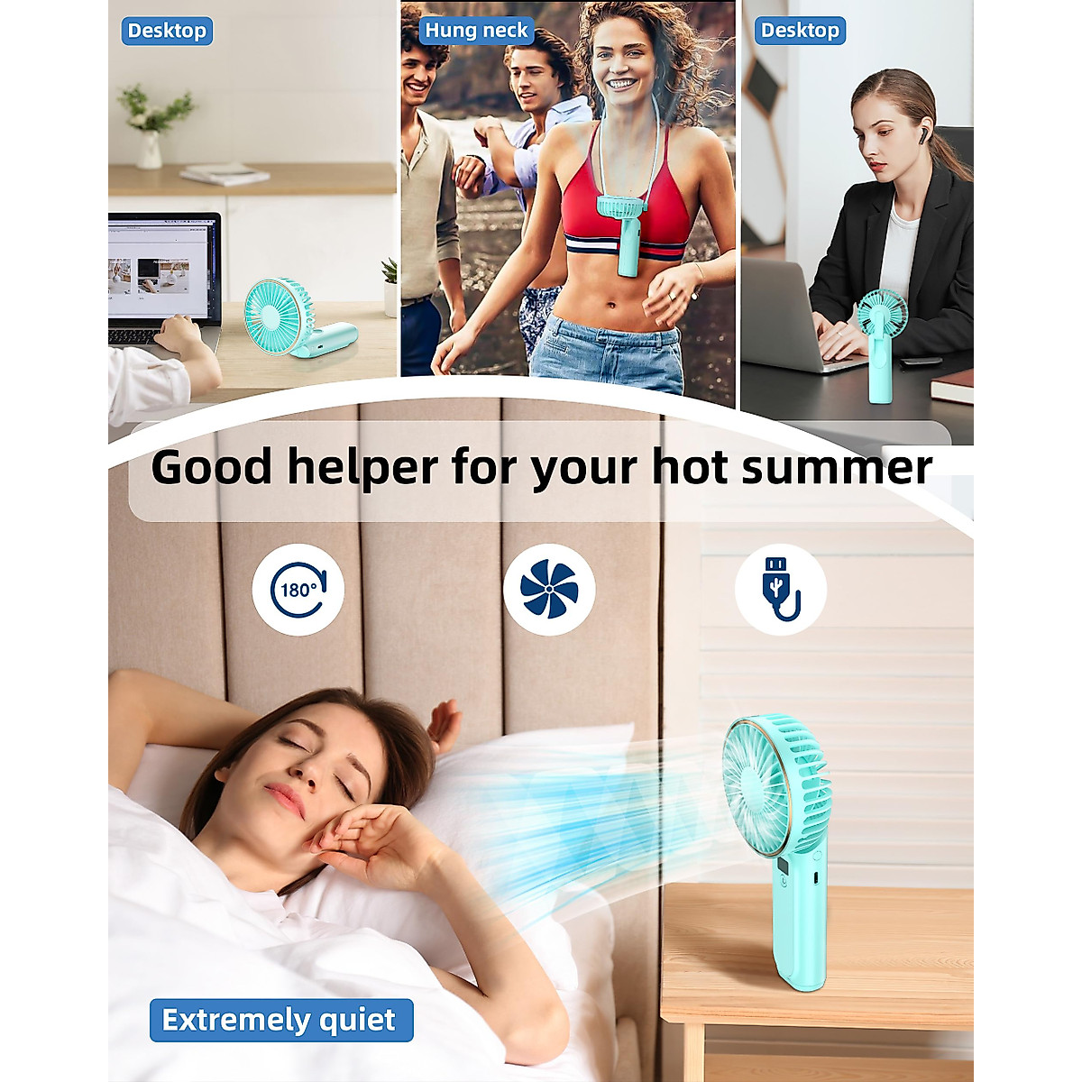 TUNISE Portable Handheld Fan, Neck Fan, 4000mAh Desk Fan, 180° Adjustable, 6 Speed Wind, Display Electricity in Real Time, USB Rechargeable Foldable Fan, Quiet Personal Fan as Power Bank