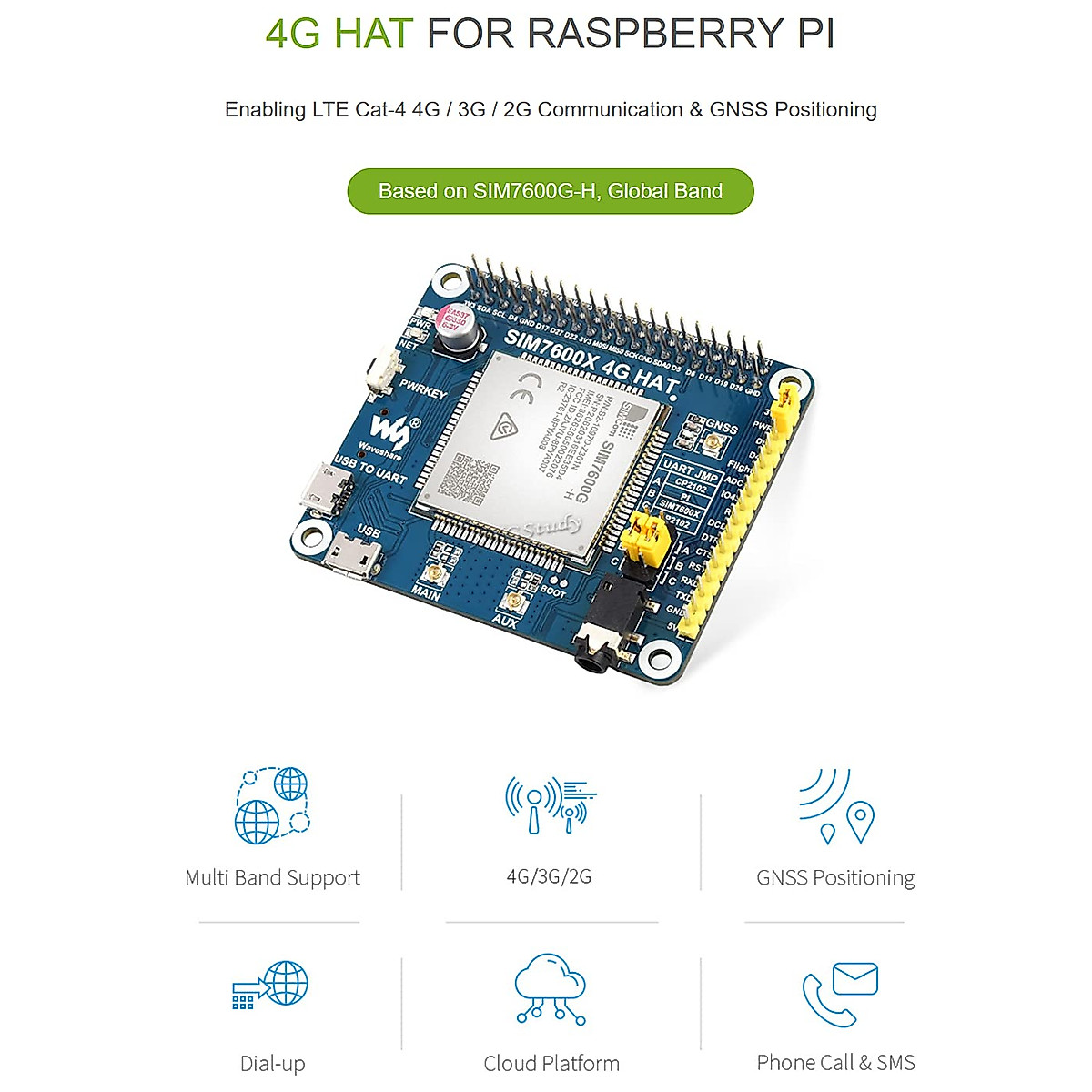 4G 3G 2G GSM GPRS GNSS HAT Based on SIM7600G-H LTE CAT4 150Mbps Wireless Communication Telephone Call SMS Positioning for Raspberry Pi 4 3 2 Model B B+ Zero W WH Jetson Nano (Global Version)@XYGStudy