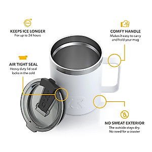 RTIC Coffee Mug with Handle, 12 oz, White, Portable Travel Thermal Camping Cup, Vacuum-Insulated with Lid, Stainless Steel, Sweat Proof, Keeps Hot & Cold Longer