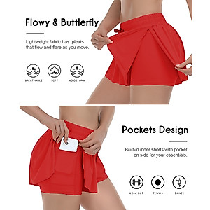 QooNoo 2 in 1 Athletic Shorts for Women Flowy Running Butterfly Shorts with Pockets High Elastic Gym Shorts Workout Tennis Skorts (Red,Small)