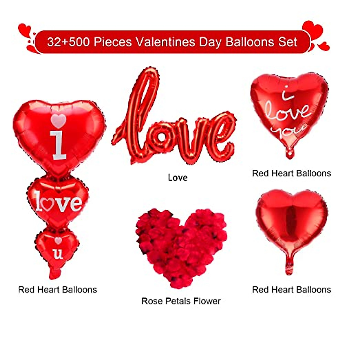 I Love You Balloons and Heart Balloons Kit with 2000 Pcs Dark-Red Silk Rose Petals Wedding Flower Decoration for Valentine Day Party Decorations
