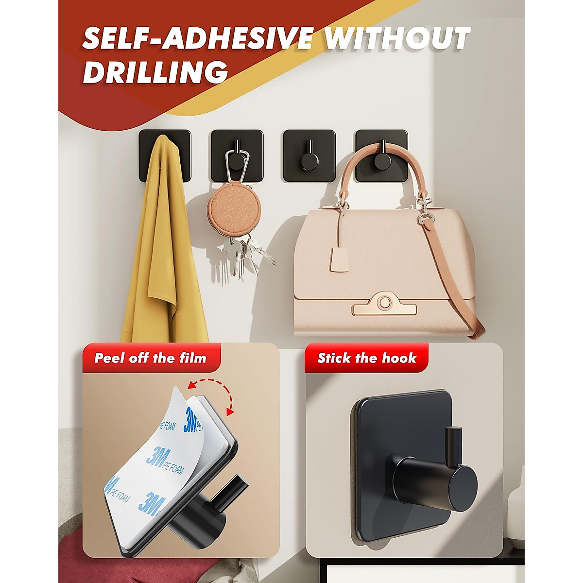 Adhesive Hooks Heavy Duty 22lb(Max) Wall Hooks, 5 Pack Self Adhesive Damage Free Utility Hooks Stainless Steel for Towel Coat Robe, Waterproof Oilproof Rustproof for Bathroom Shower Kitchen Office