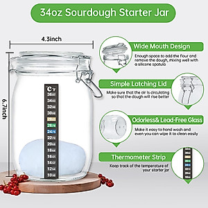 Sourdough Starter Jar Kit 2 Pack, 34 oz. Wide Mouth Sourdough Starter Kit for Sourdough Bread Baking Supplies, Reusable Glass Jars for Sour dough Starter with Thermometer, Silicone Jar Spatula, Labels