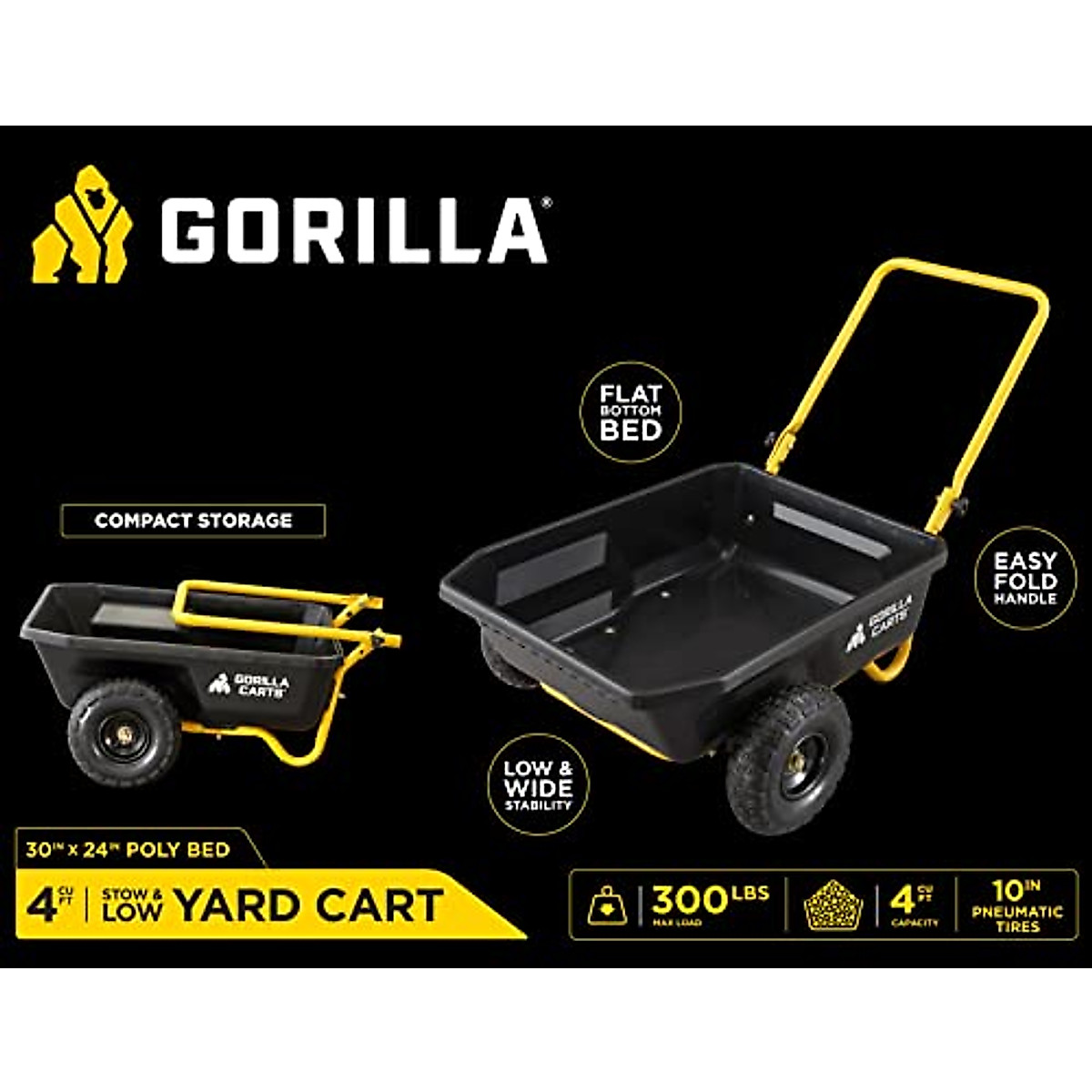 Gorilla Carts GCR-4 4 Cu. Ft, 300-pound Capacity, Poly Yard Cart, Black/Yellow